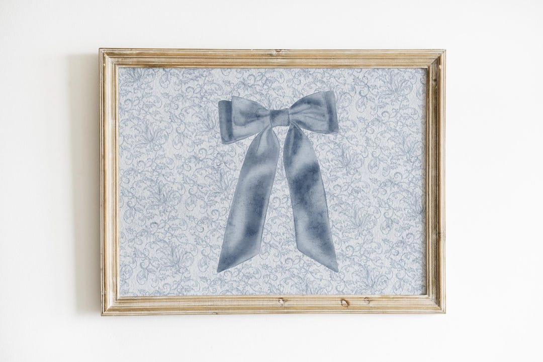 Pretty Blue Bow Print, Blue Bow Wall Art, Horizontal Vintage Wall Art ...