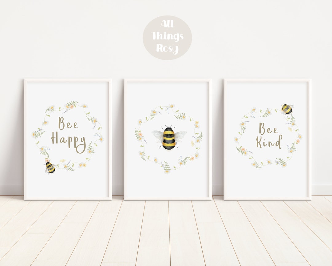 Bee Happy, Bee Kind Art Prints, Set of 3 Bumblebee Wall Art, Bee Decor ...