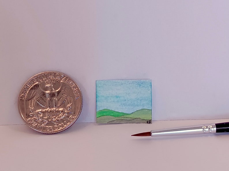Green Rolling Hills Miniature Watercolor Painting (original, 27/32" by ...