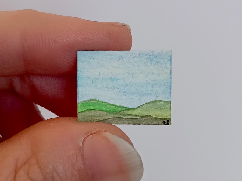 Green Rolling Hills Miniature Watercolor Painting (original, 27/32" by ...