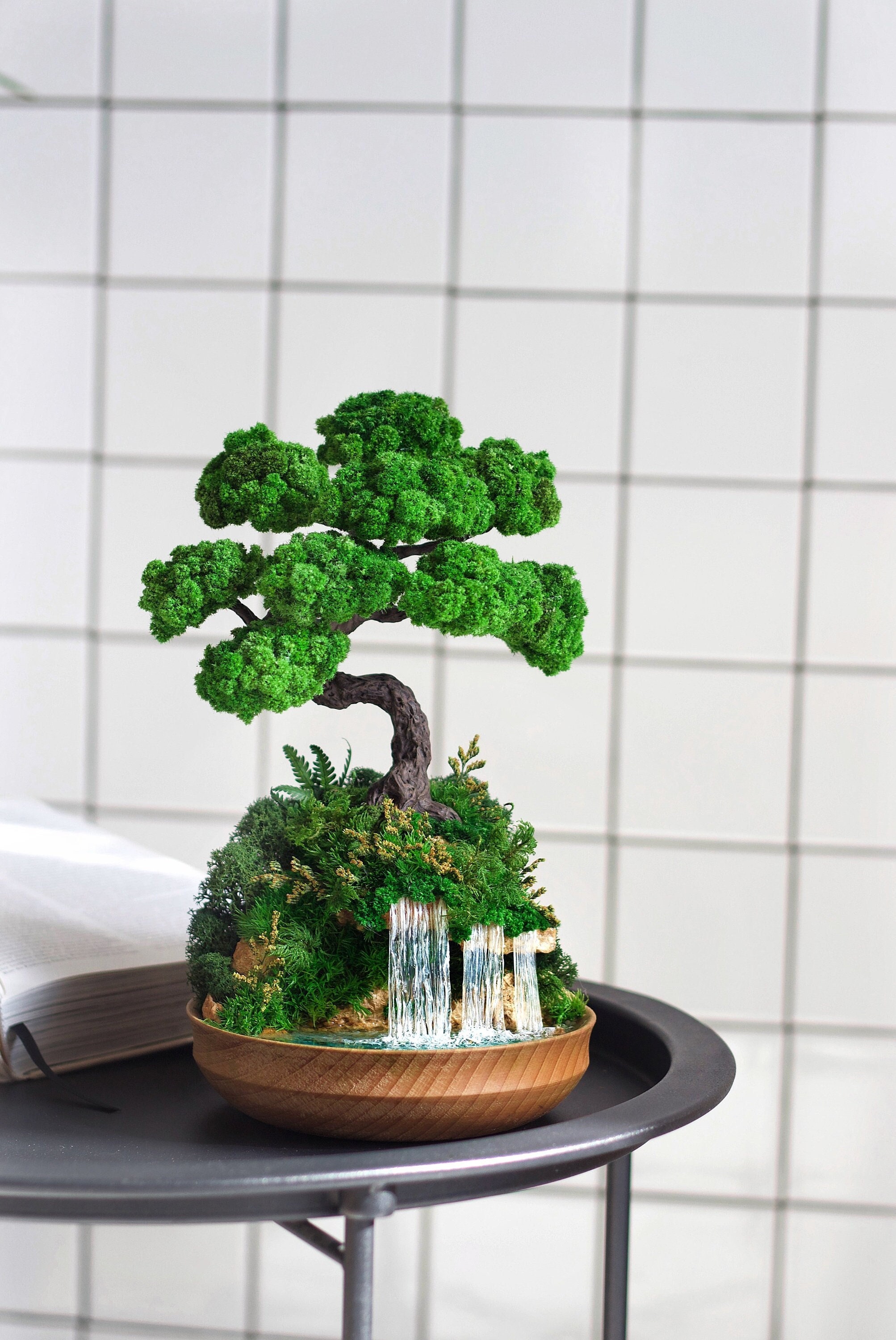 Indoor Bonsai With Preserved Moss, Handmade Bonsai Tree, Waterfall Desk ...