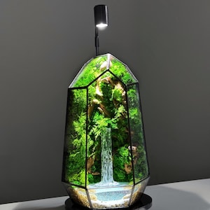 Illuminated Waterfall Geometric Terrarium With Preserved Moss and LED ...