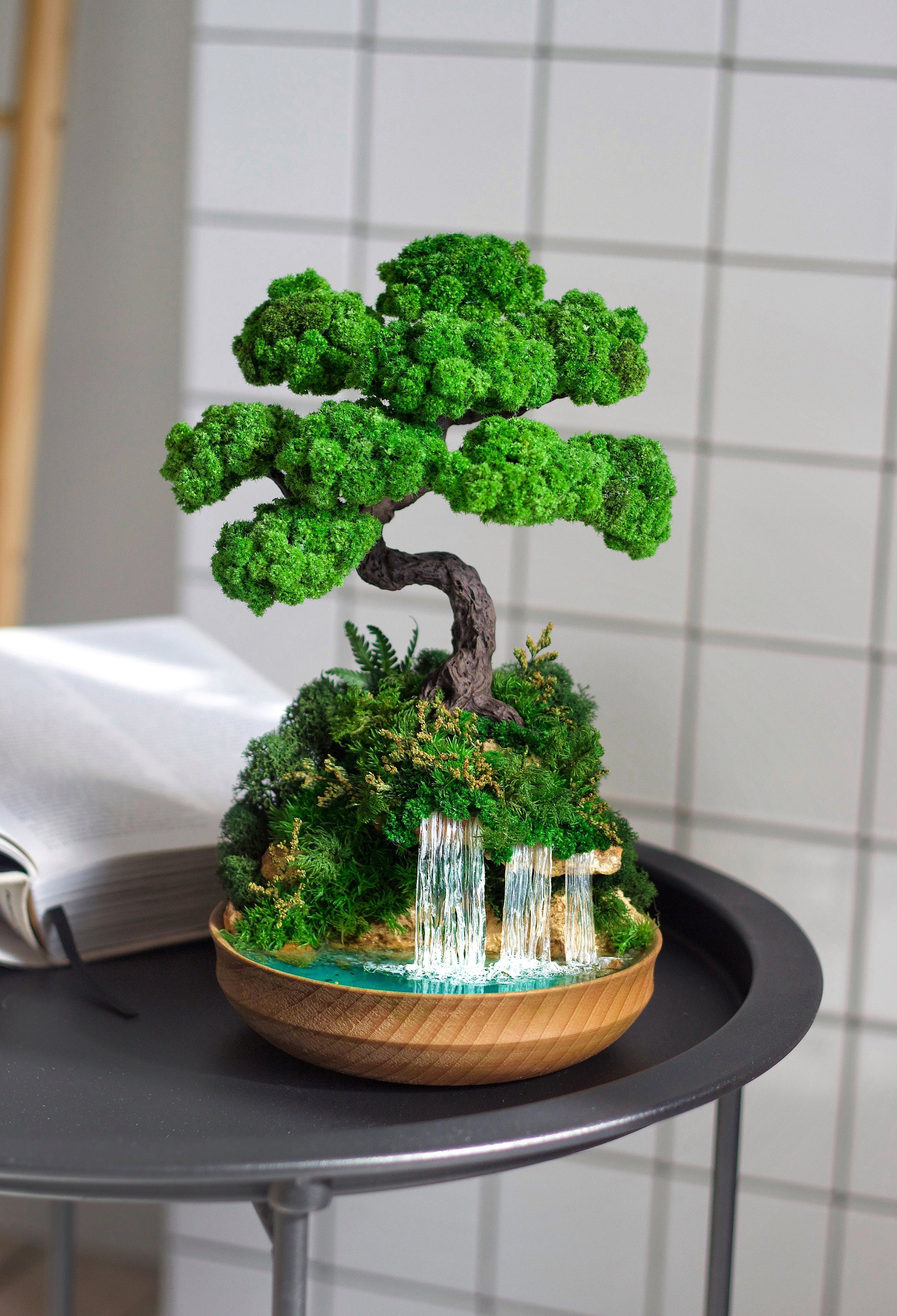 Indoor Bonsai With Preserved Moss, Handmade Bonsai Tree, Waterfall Desk ...