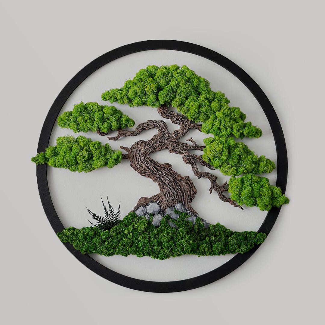 Handcrafted Bonsai Tree Wall Art With Preserved Moss in Circular Frame ...