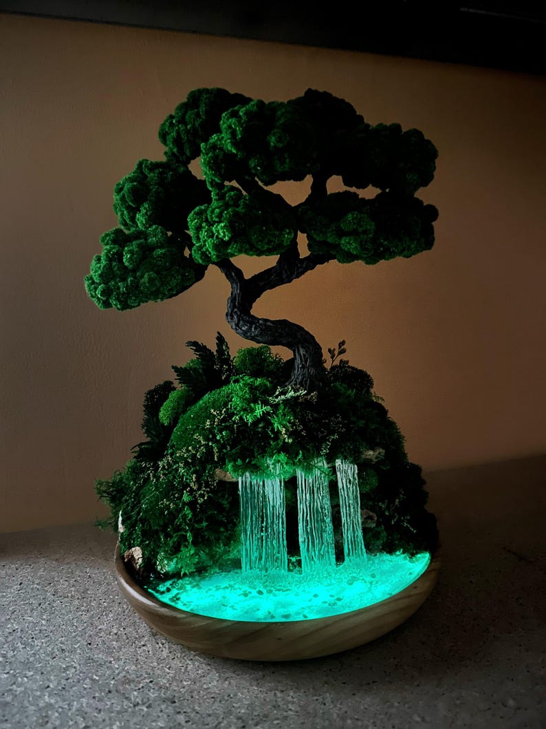 Handmade Moss Bonsai Waterfall Tree | No Maintenance Home Accent | Mini ...