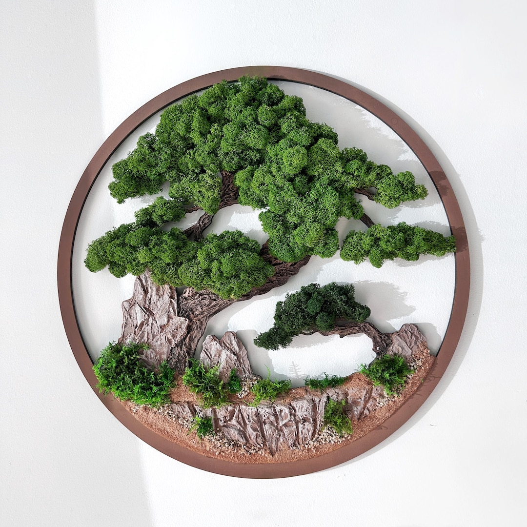 Handmade Preserved Moss Bonsai Wall Decor | Natural Wood Frame ...