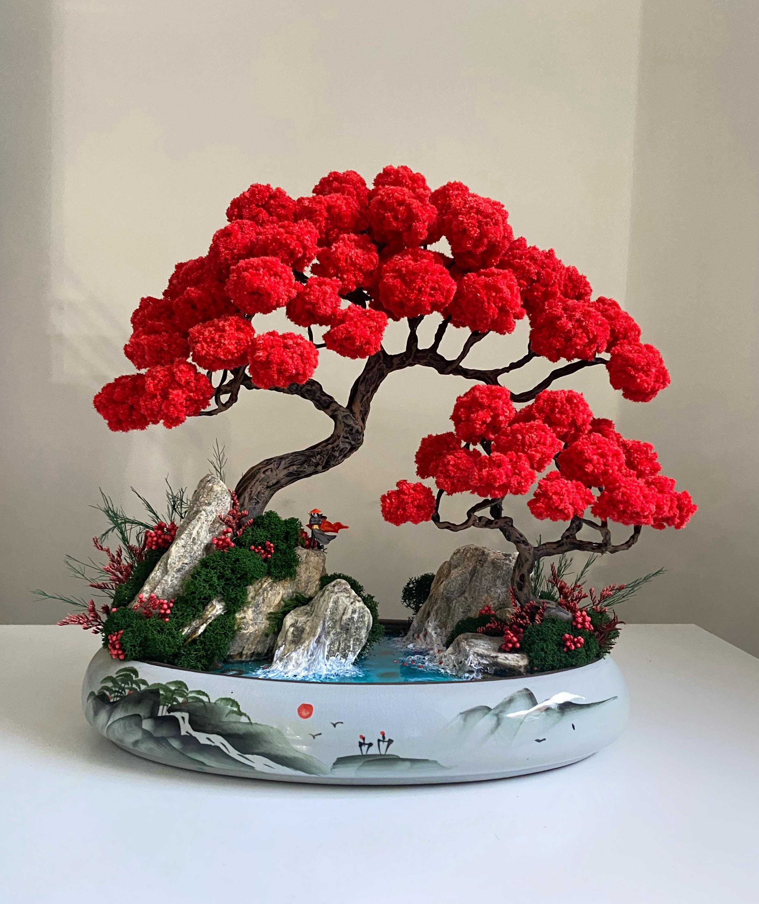 Japanese Maple Bonsai Tree | Red Zen Landscape With Glow Water | Asian ...