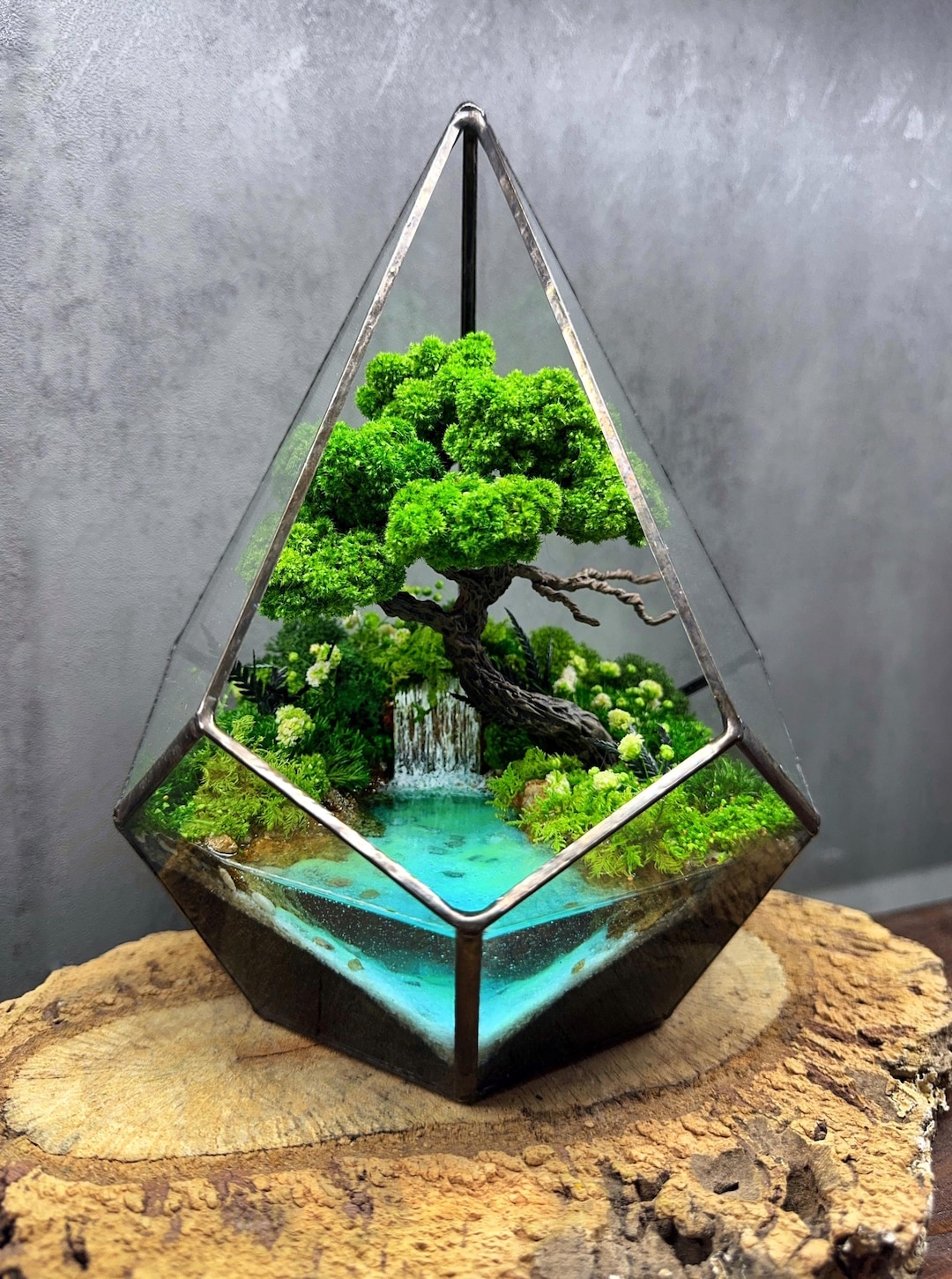 Geometric Ocean Terrarium With Moss and Waterfall, Preserved Bonsai - Etsy