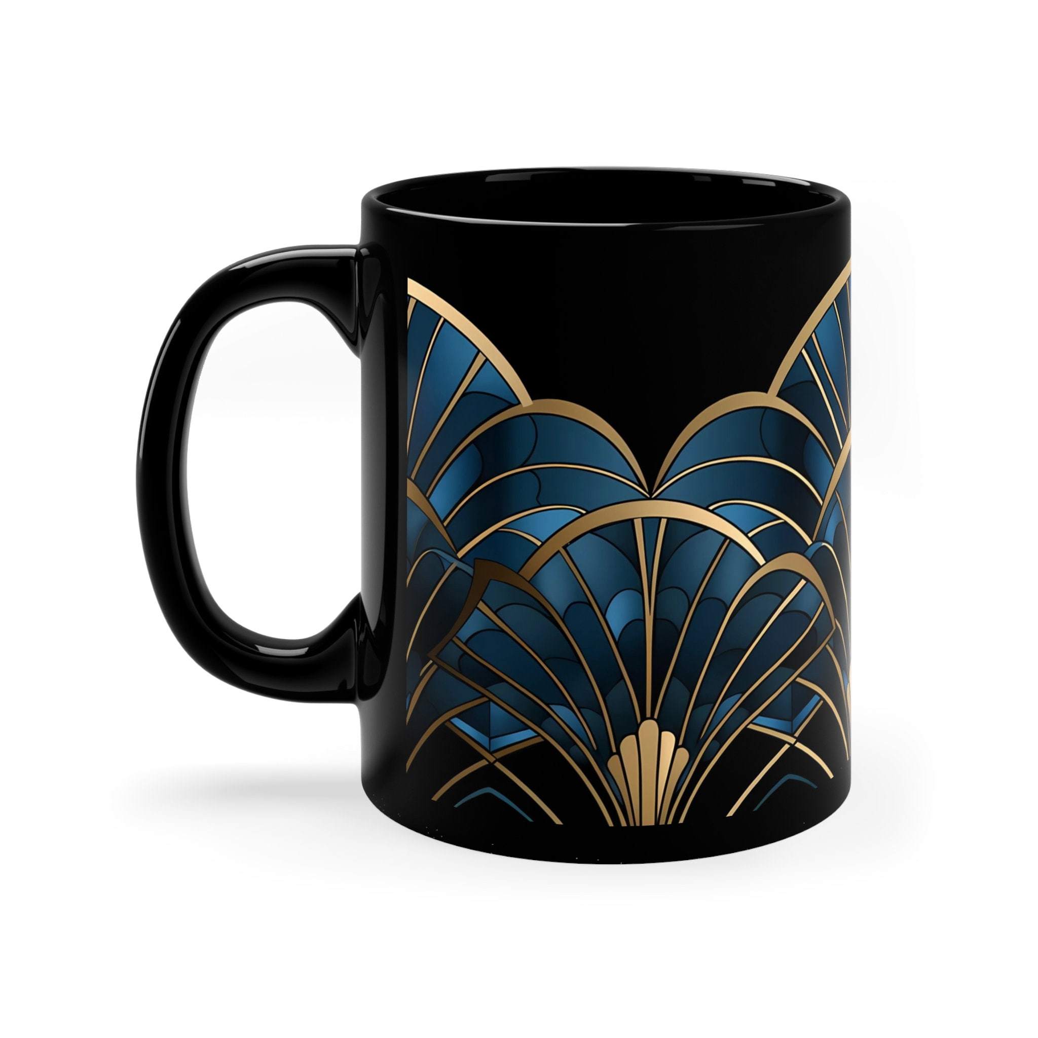 Art Deco Inspired Design Coffee Mug Tea Cup Rich Blue Black Gold Gift ...