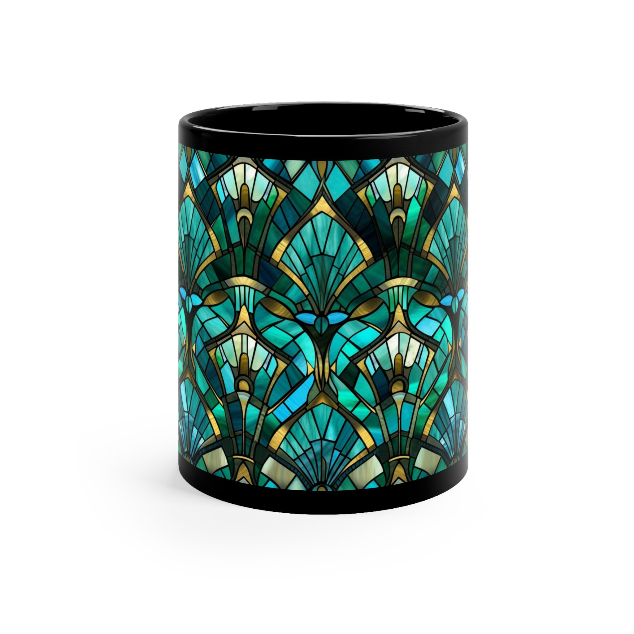 Art Deco Inspired Design Coffee Mug Tea Rich Green Black Gold Gift for ...