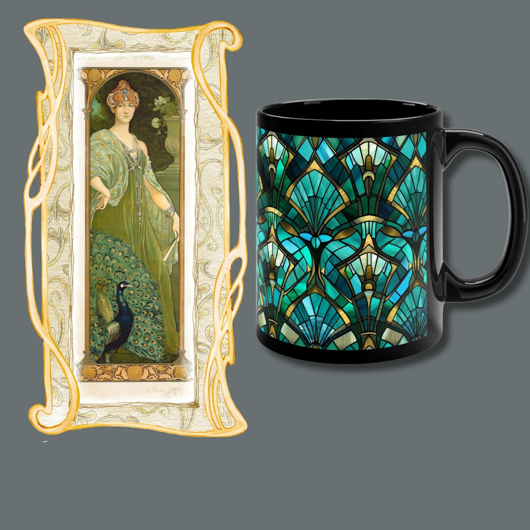 Art Deco Inspired Design Coffee Mug Tea Rich Green Black Gold Gift for ...