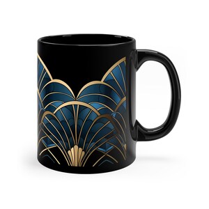 Art Deco Inspired Design Coffee Mug Tea Cup Rich Blue Black Gold Gift ...