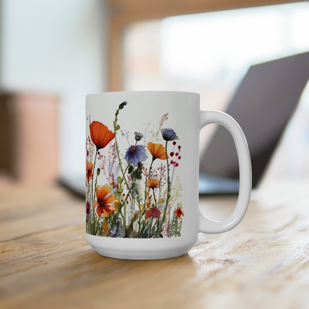 Watercolor Flowers Ceramic Mug 15 Oz, Boho Wildflowers, Coffee Mug ...