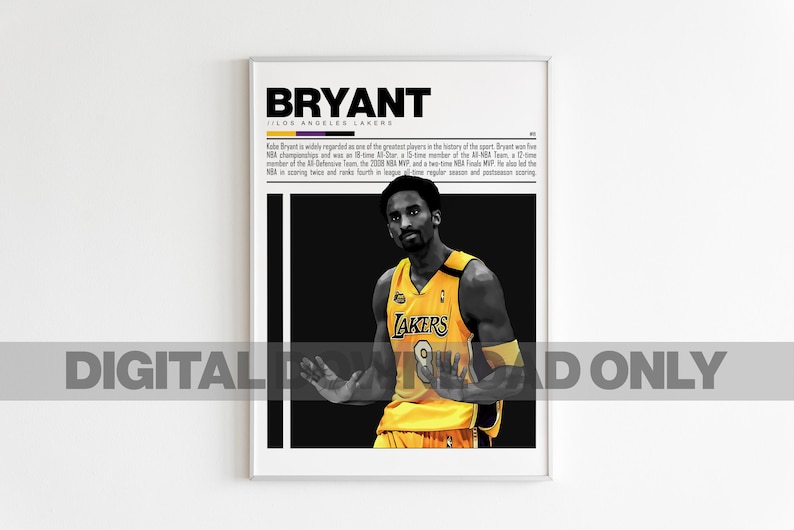 Kobe Bryant Poster Los Angeles Lakers Basketball Wall Art Digital ...
