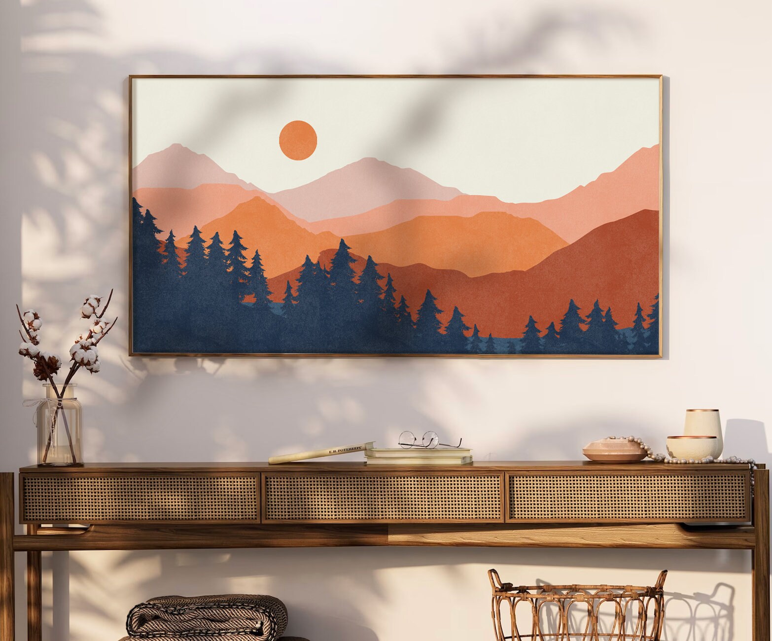 Sun and Mountain Nature Poster Wall Art Print Decor, Large Boho Mid ...