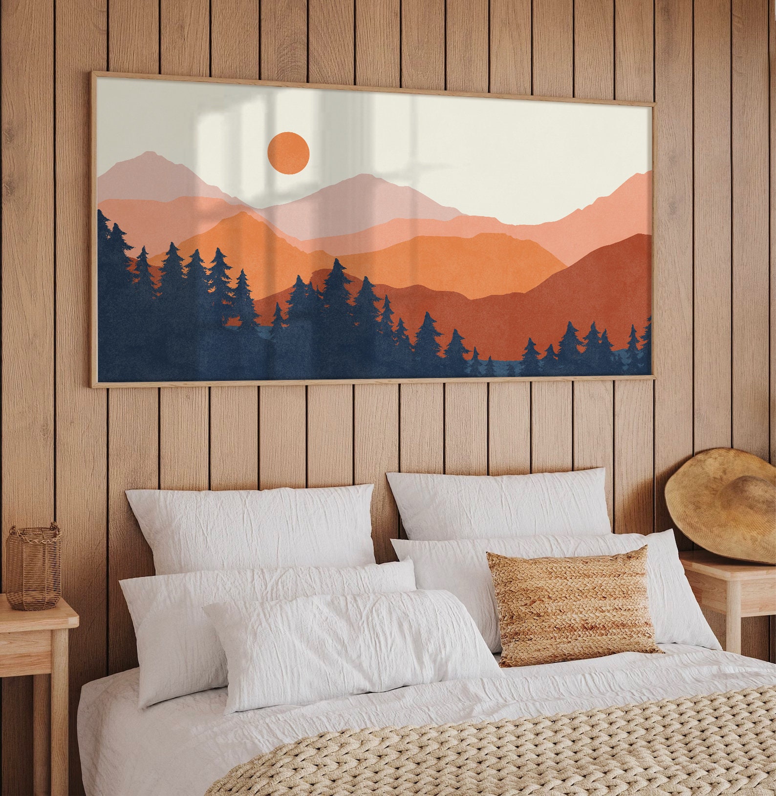 Sun and Mountain Nature Poster Wall Art Print Decor, Large Boho Mid ...