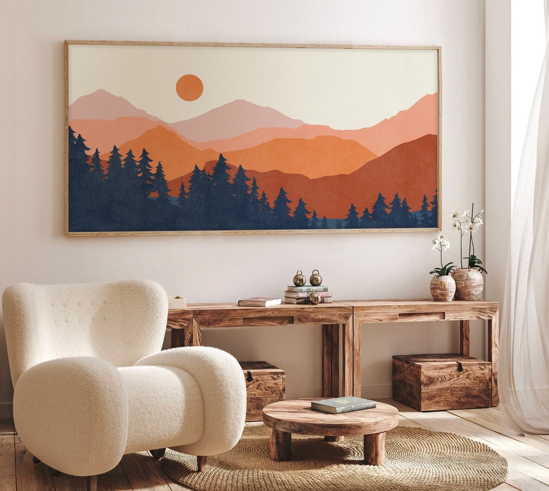 Sun and Mountain Nature Poster Wall Art Print Decor, Large Boho Mid ...