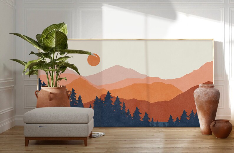 Sun and Mountain Nature Poster Wall Art Print Decor, Large Boho Mid ...