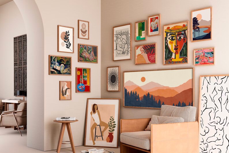 Sun and Mountain Nature Poster Wall Art Print Decor, Large Boho Mid ...