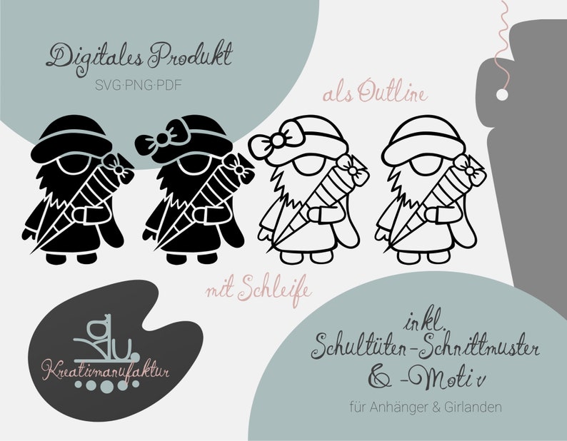 Plotterdatei Wichtel Einschulung digitaler Download als SVG PNG PDF inkl. Schultüten ...