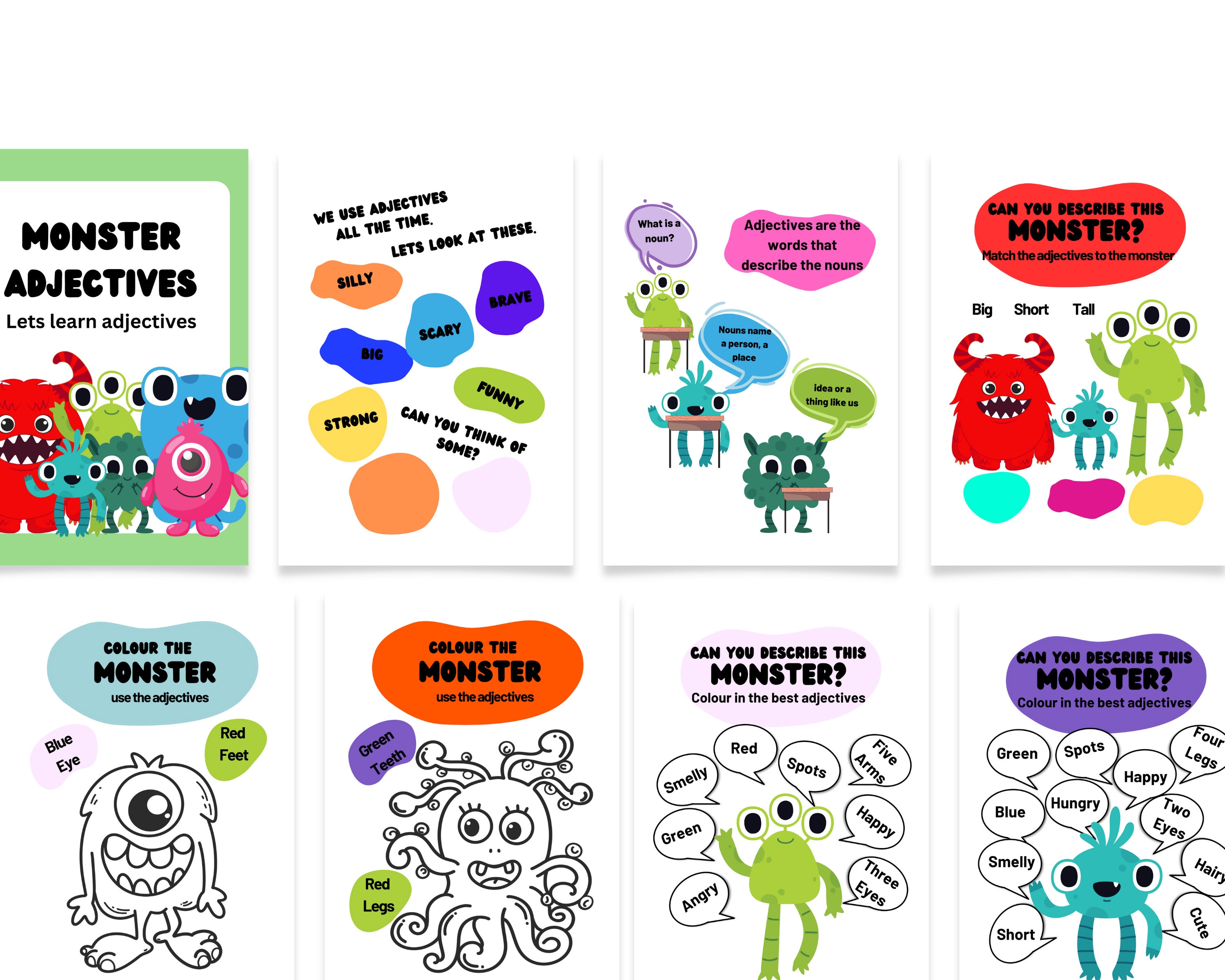 Monster Adjectives:educational Activity, Cute Monsters, Vocabulary ...
