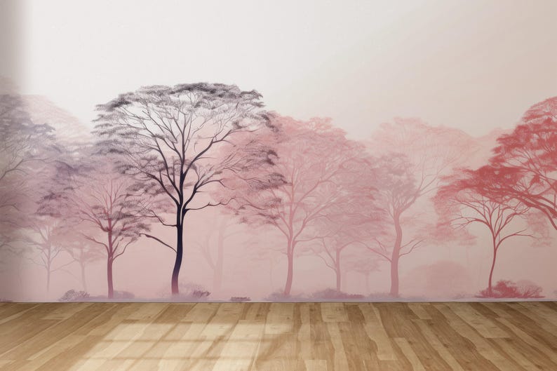 Pink Forest Wallpaper - Pastel Trees Mural - Soft Nature Ambiance ...