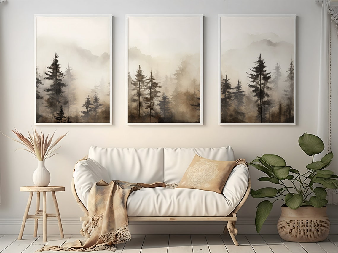 Set of 3 Triptych Posters - Beige and Black Misty Forest in Watercolor ...