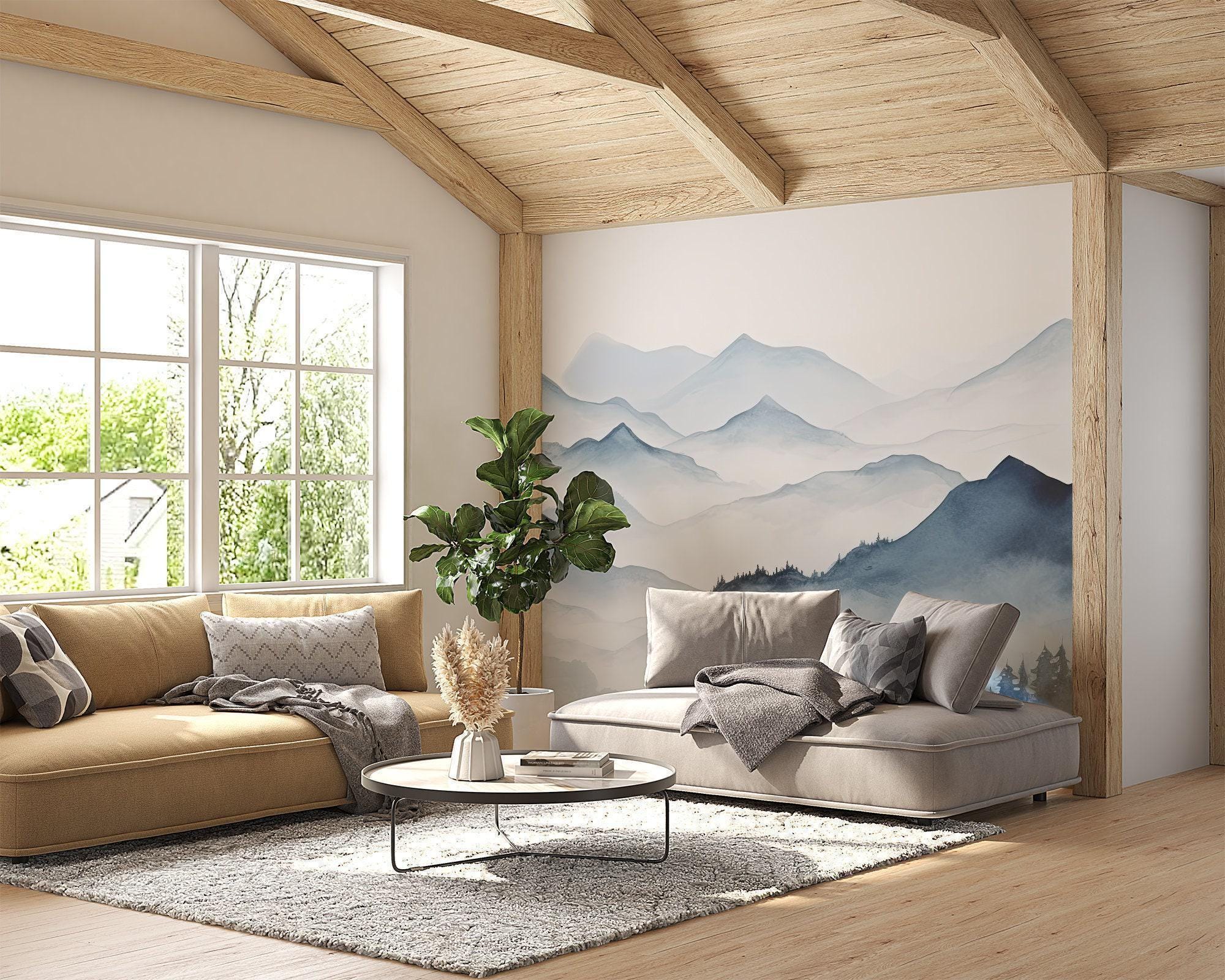 Panoramic Wallpaper - Natural Escape: Watercolor Mountain Mural - Blue ...