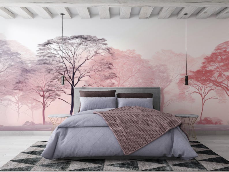 Pink Forest Wallpaper - Pastel Trees Mural - Soft Nature Ambiance ...