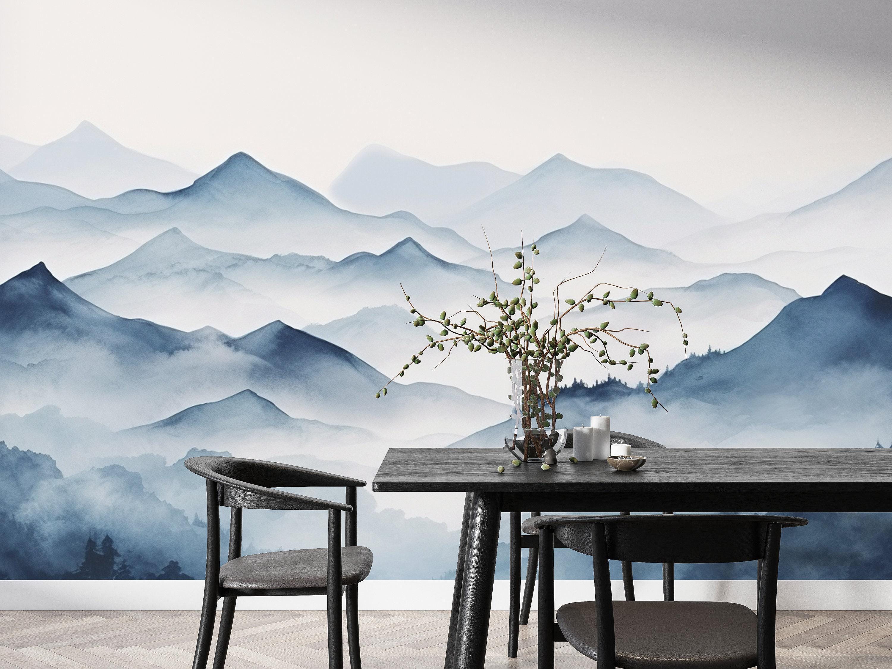 Panoramic Wallpaper - Natural Escape: Watercolor Mountain Mural - Blue ...