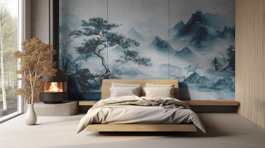 Zen Panorama: Watercolor Trees and Mountains Wallpaper - Etsy