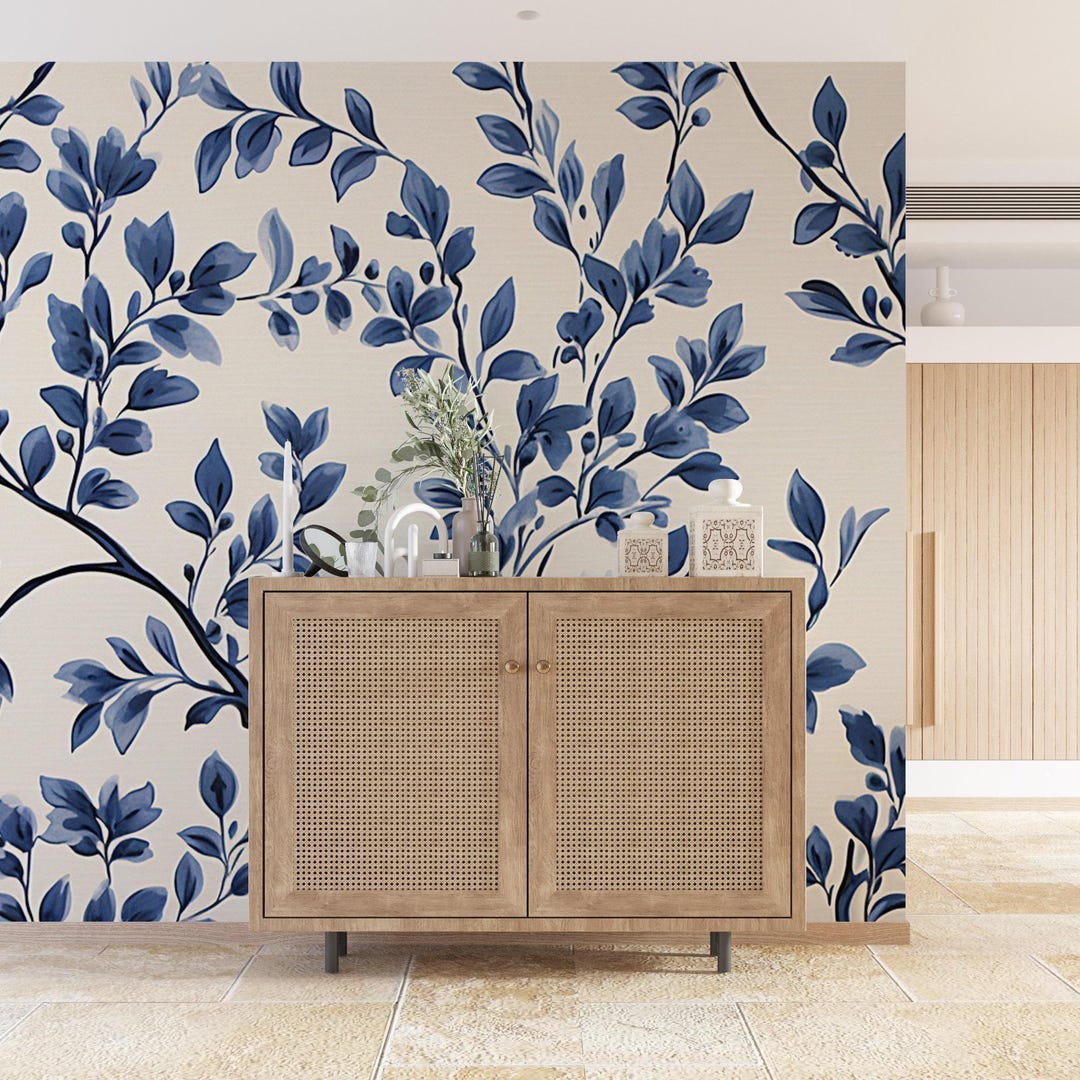 Blue Botanical Wallpaper - Elegance Nature | Wall Decor - Etsy