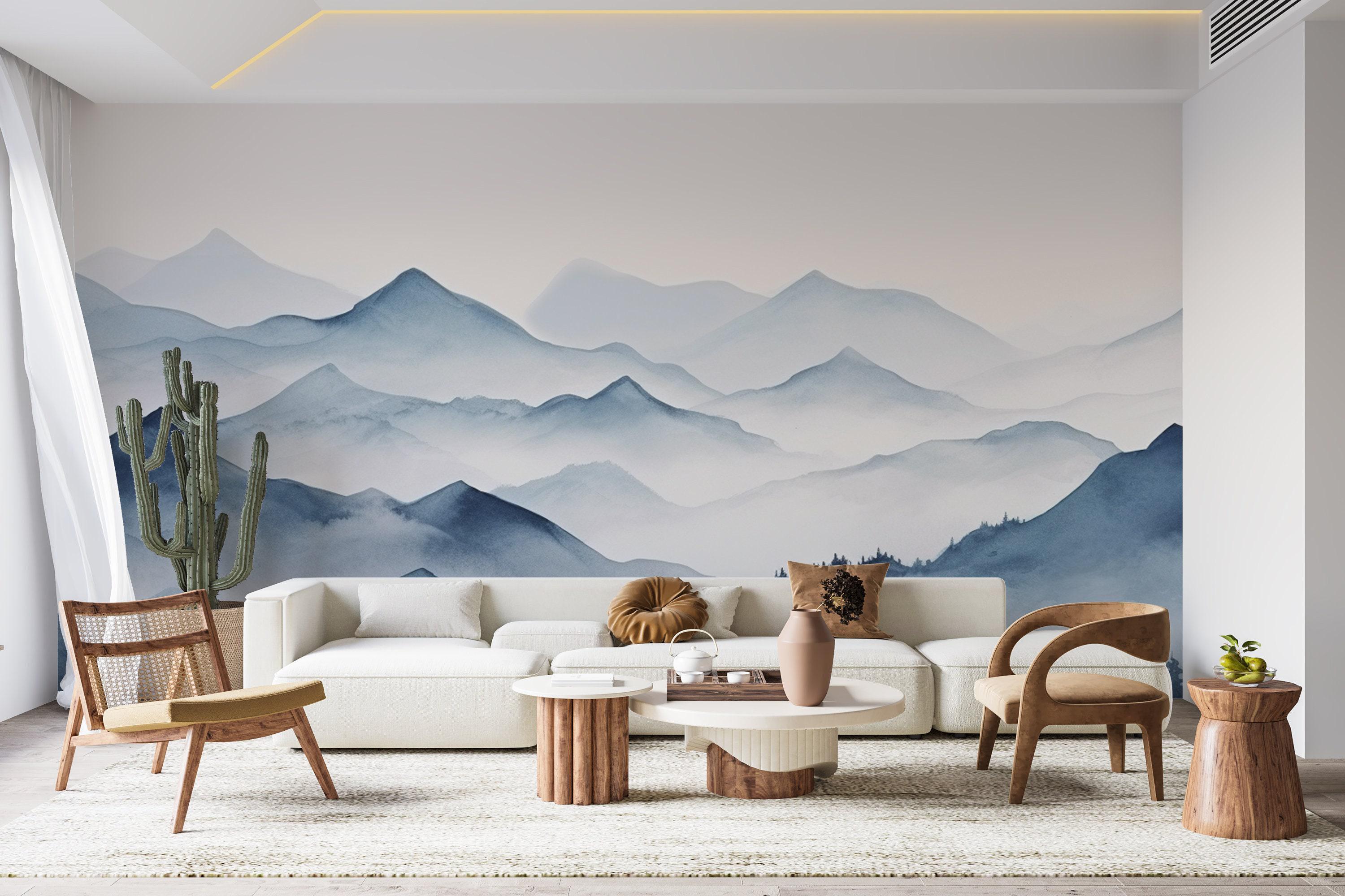 Panoramic Wallpaper - Natural Escape: Watercolor Mountain Mural - Blue ...