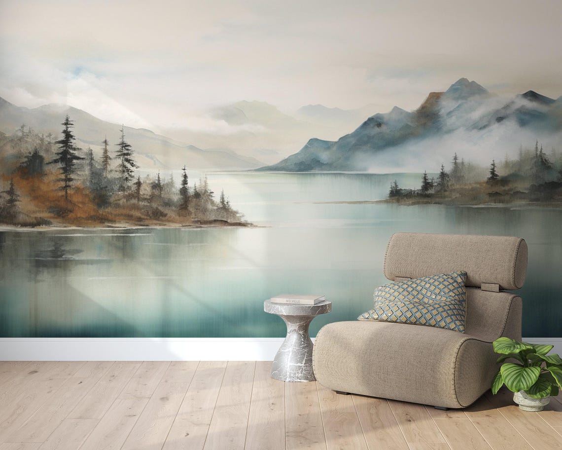 Panoramic Wallpaper "natural Escape: Mountain and Lake Mural in ...