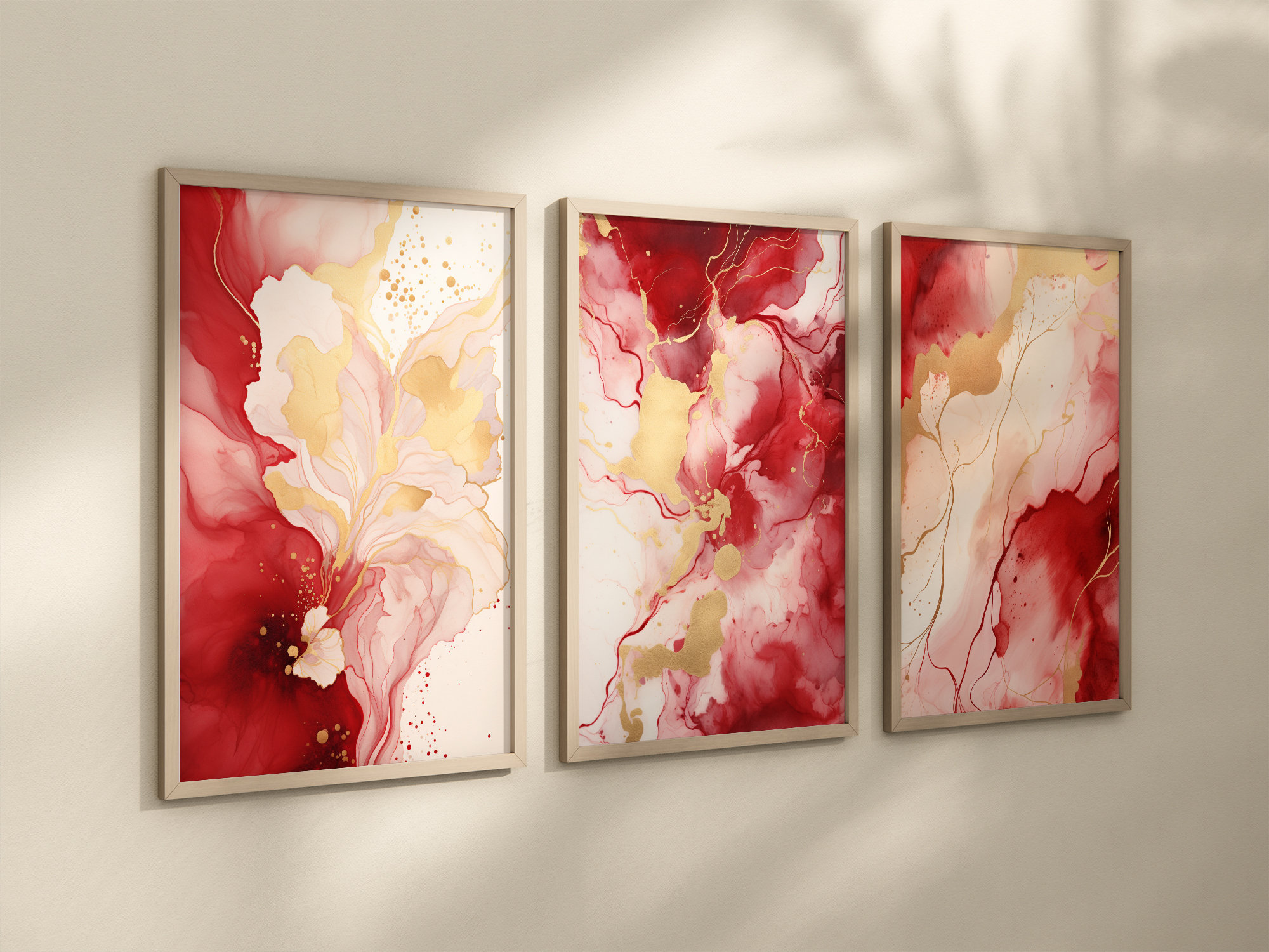 Red and Gold Triptych of Modern and Trendy Wall Art. Abstract Wall ...