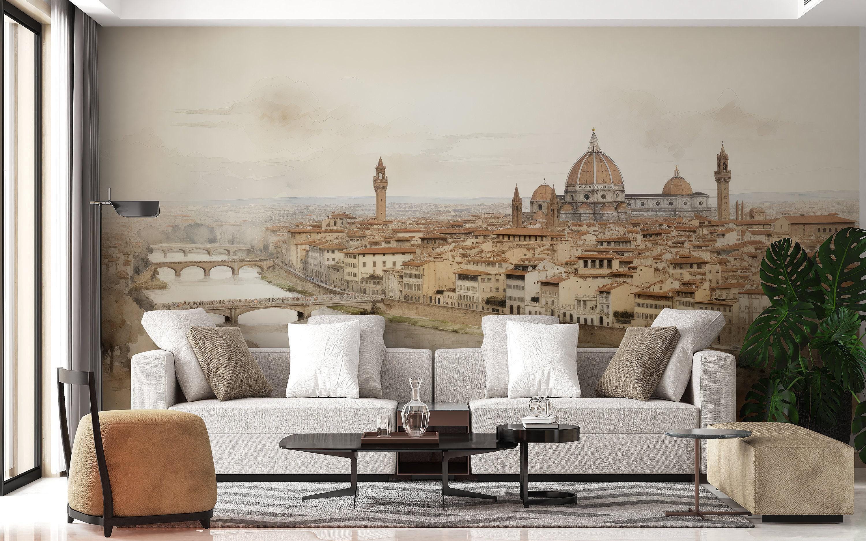 Florence Sepia Wallpaper Tuscan City Watercolor Mural Florence ...