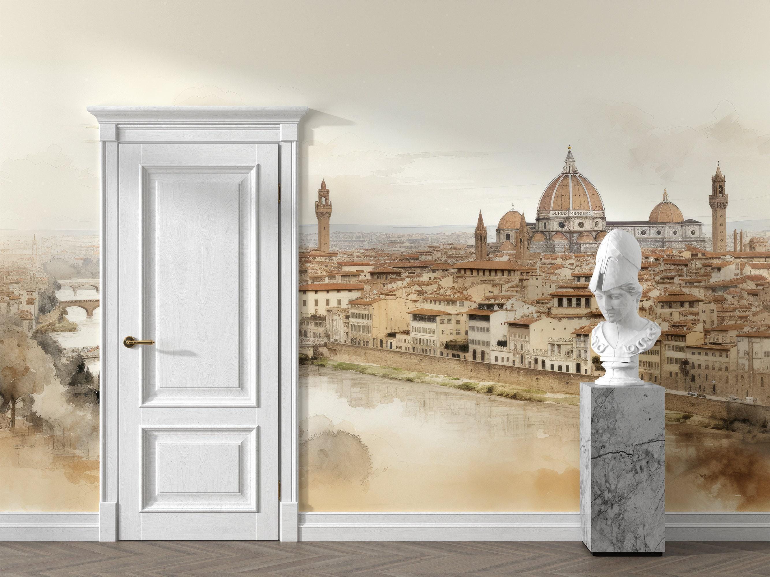 Florence Sepia Wallpaper - Tuscan City Watercolor Mural - Florence ...