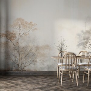Watercolor Mist Tree Panoramic Wallpaper Elegant Nature, Gray Shades ...