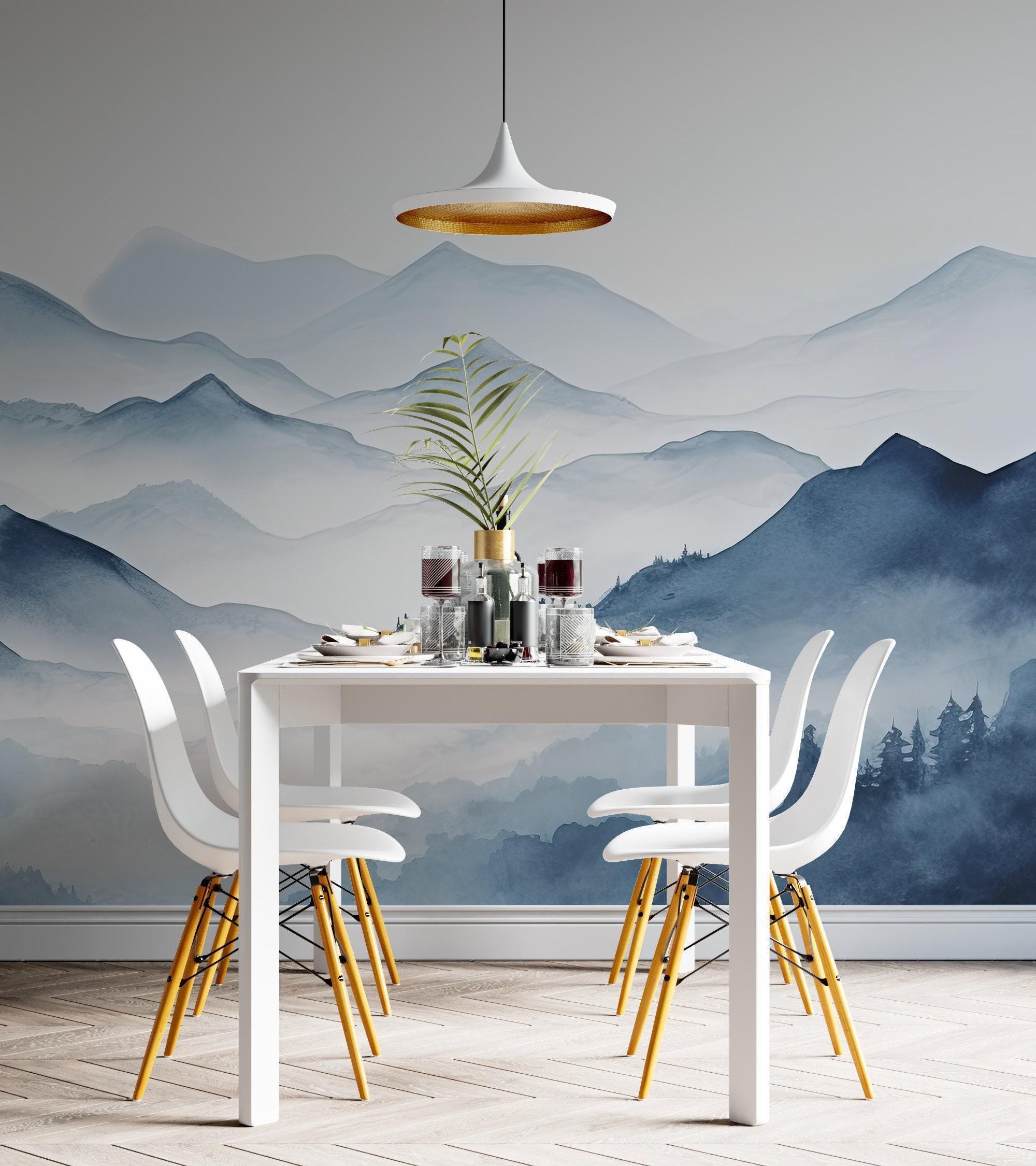 Panoramic Wallpaper - Natural Escape: Watercolor Mountain Mural - Blue ...