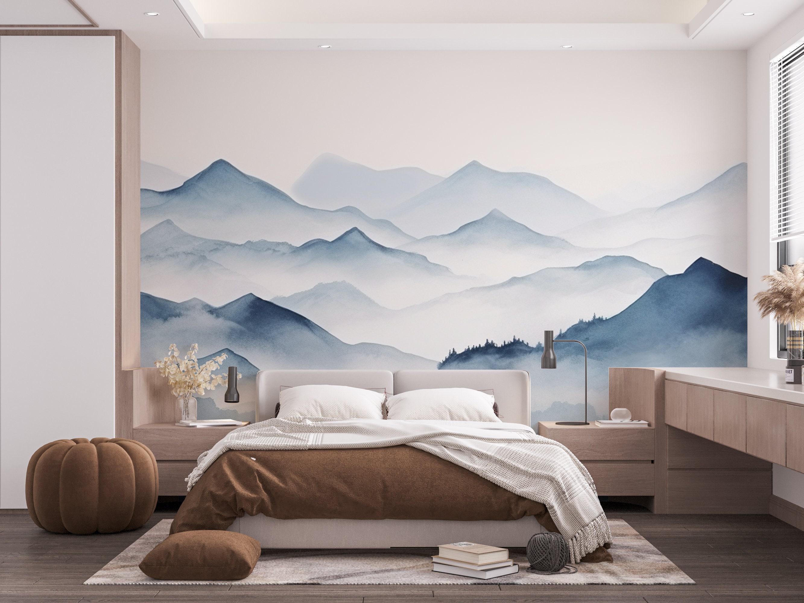 Panoramic Wallpaper - Natural Escape: Watercolor Mountain Mural - Blue ...