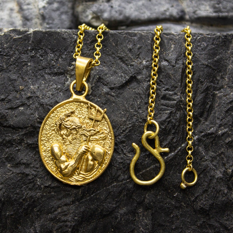 Poseidon Gold Necklace God Pendant 24K Gold Plated - Etsy