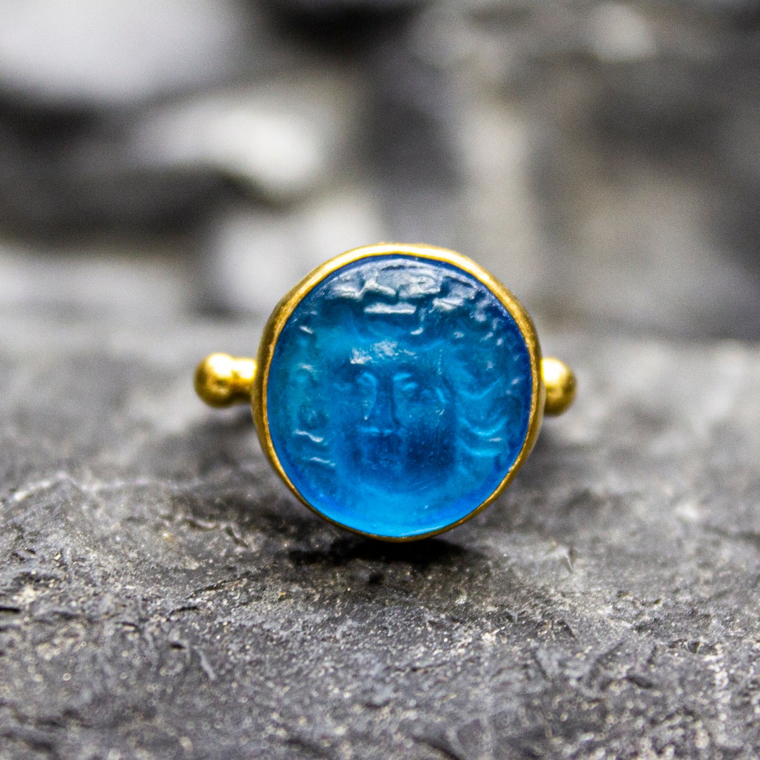 Greek Medusa Turquoise Intaglio Glass Ring Ancient Signet Ring Hammered ...