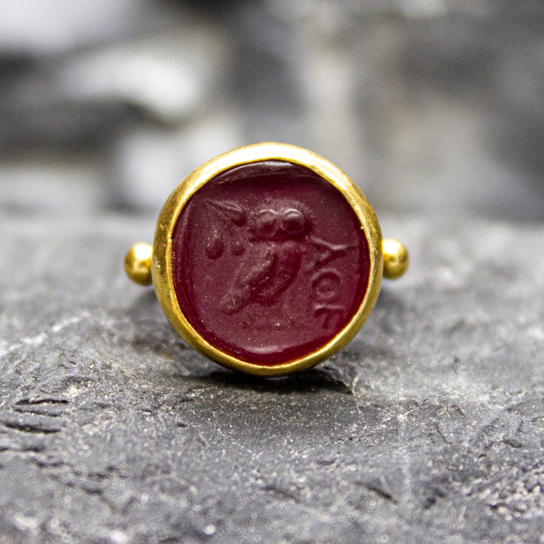 Athena Owl Intaglio Glass Ring Ancient Art Ring Red Glass Ring ...
