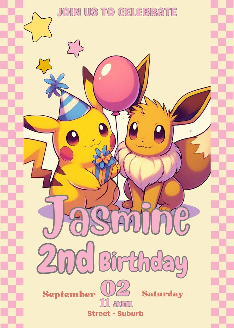 Invitación de cumpleaños editable de Pokémon Pikachu y Eevee - Etsy México