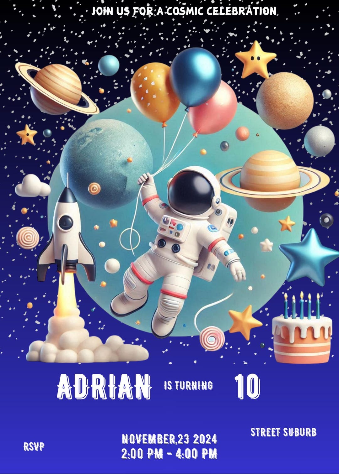 Editable Outer Space Birthday Invitation, Rocket Ship Astronaut Planets ...