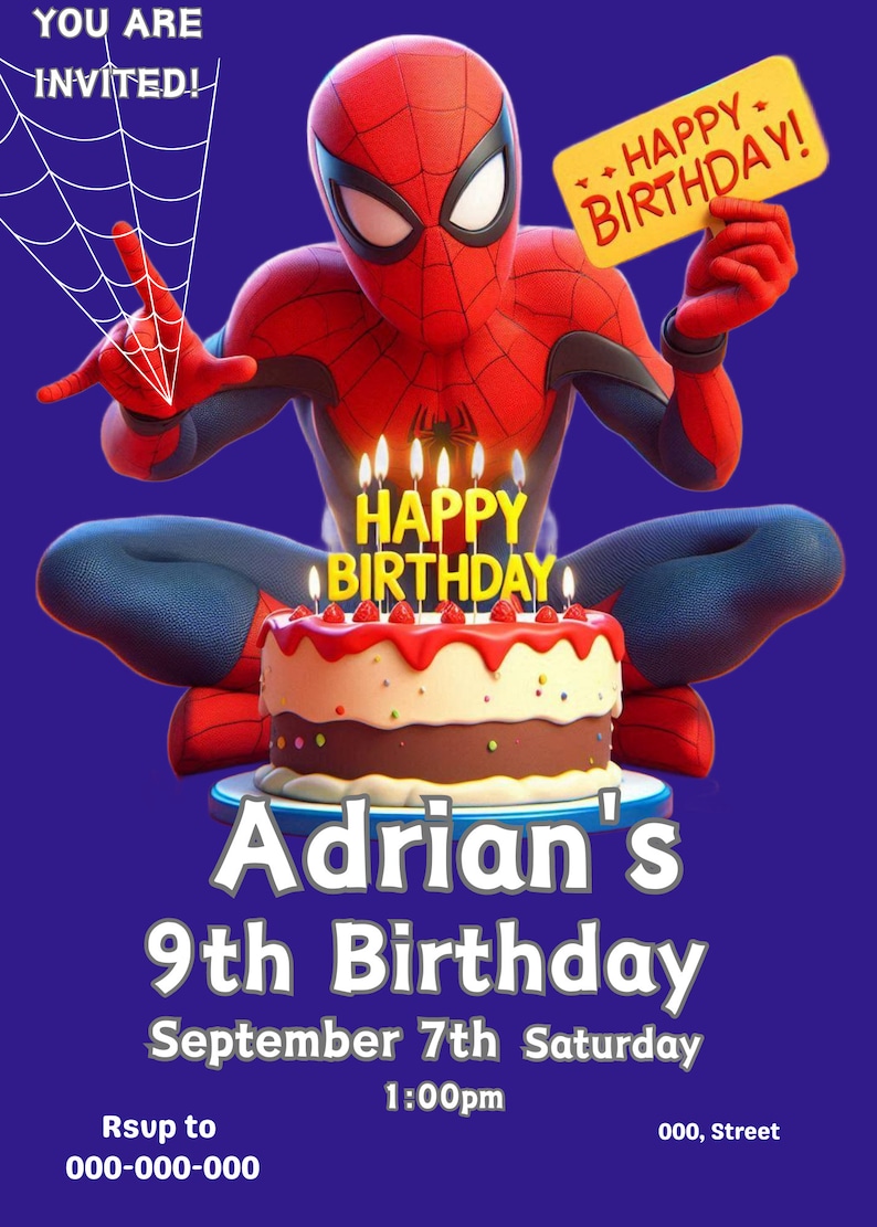 Editable Spiderman Birthday Invite, Blue Background, Boy Birthday Party ...