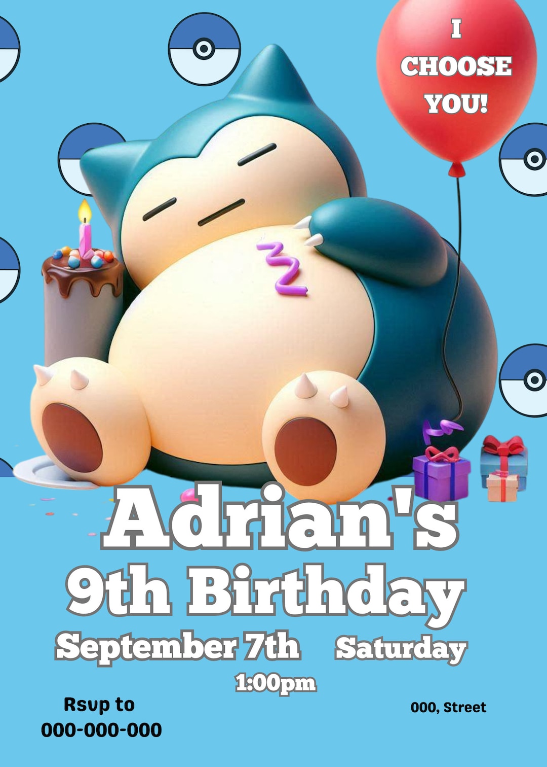 Editable Snorlax Pokemon Birthday Invite, Blue Background, Boy Birthday ...
