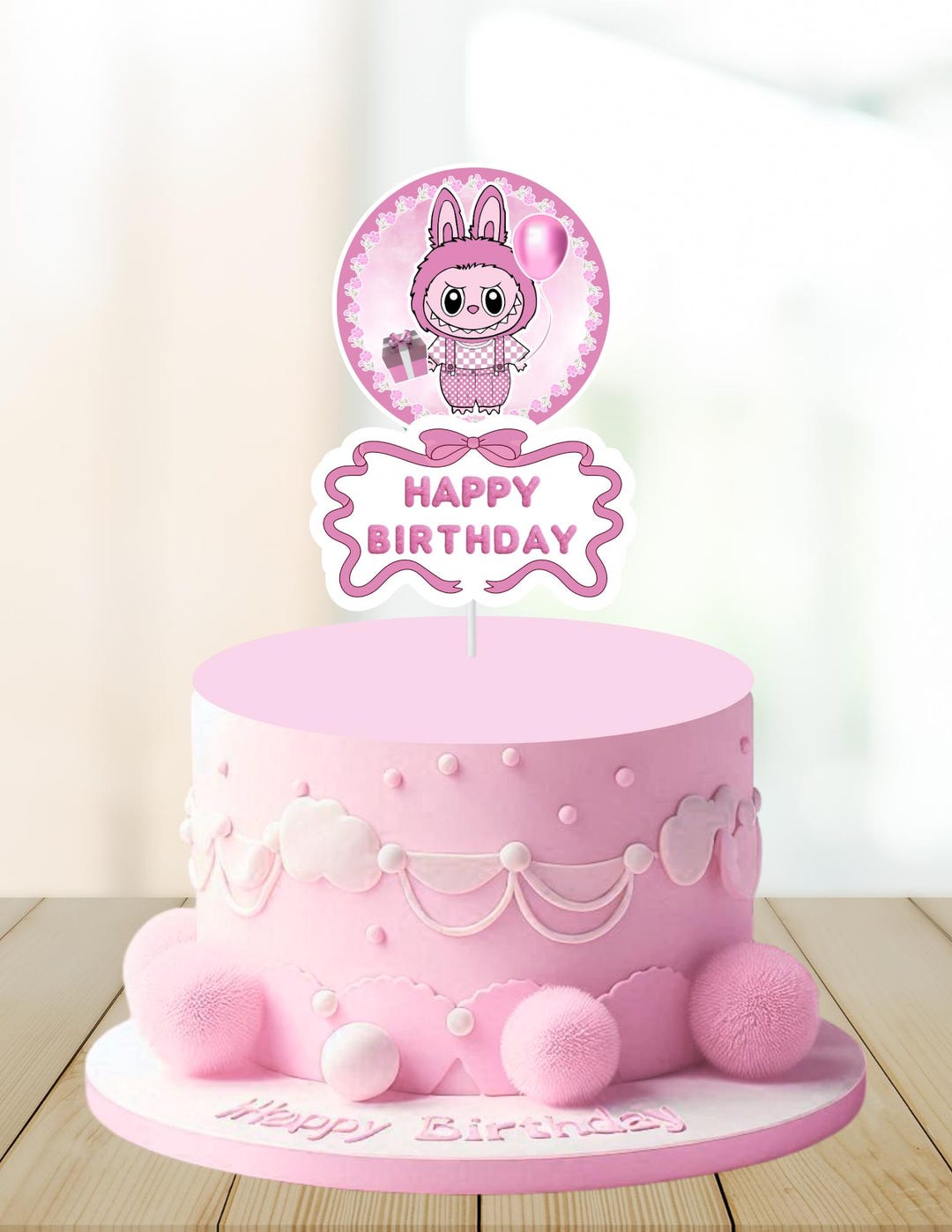 Labubu Pink Birthday Cake Topper Template, Printable Fluffy Labubu ...