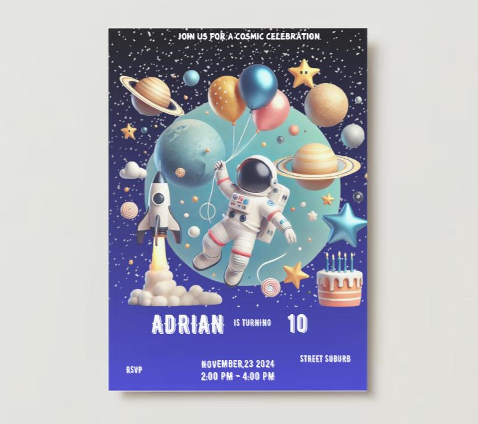 Editable Outer Space Birthday Invitation, Rocket Ship Astronaut Planets ...