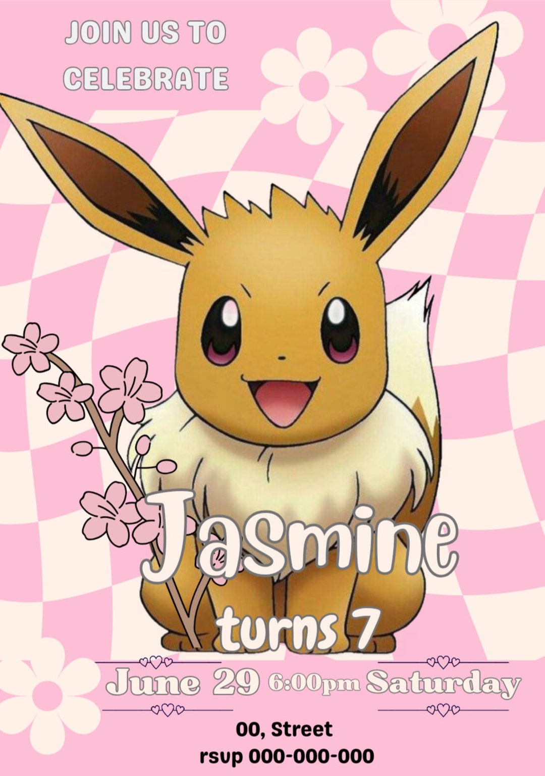 Editable Eevee Pokemon Birthday Invite, Cute Girl Eevee Invitation ...